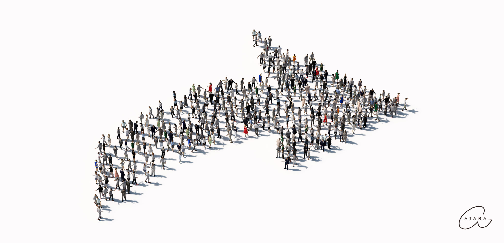 Large group of people making a rising arrow shape. | Atara